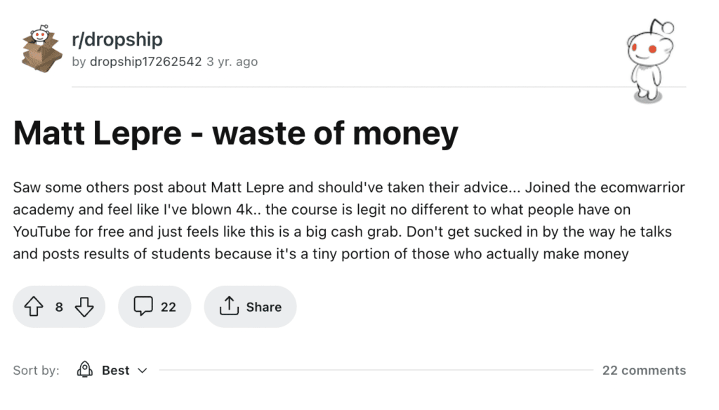 Ecom Warrior Academy Review: Matthew Lepre Scam or Legit?